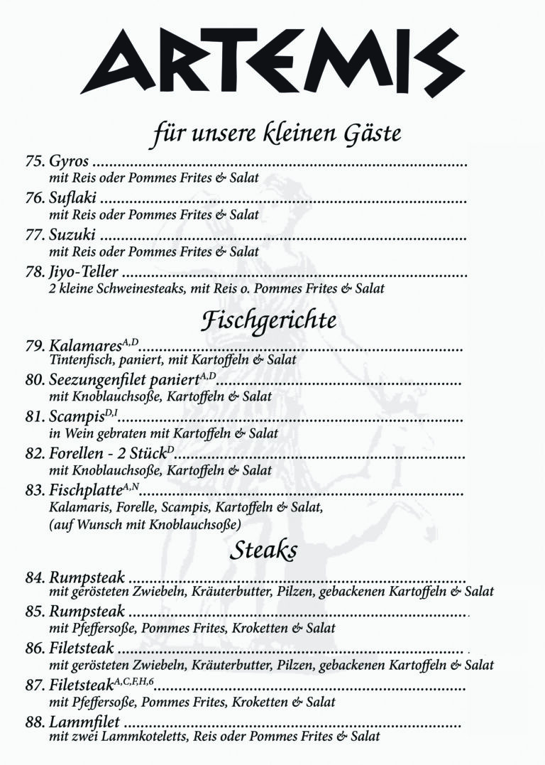 Menü – Restaurant Artemis
